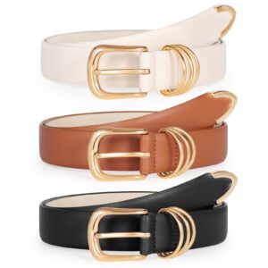 triworks women's leather belts for jeans dresses ladies waist belt with fashion gold buckle, a-black+brown+beige