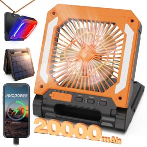 20000mah rechargeable solar powered portable fan with led lantern, 3 speeds cordless battery operated camping fan with powerbank,timer, hangble & quiet desk fan for tent hurricane worksite (orange)