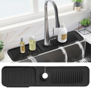 poyang 24 inch silicone draining mat for kitchen sink splash guard behind faucet, splash guard for kitchen sink area longer faucet draining mat, sink protectors for kitchen sink splatter screen, black