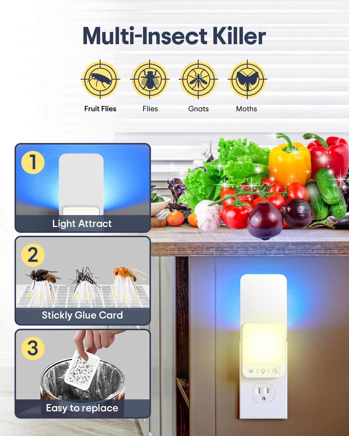 Fruit Fly Traps for Indoors, 2 in 1 Plug in Bug Catcher Indoor Flying Insect Trap with Warm LED Night Light and UV Attractant, Fly Traps Indoor for Home Fruit Fly Killer (1 Device + 6 Glue Cards)