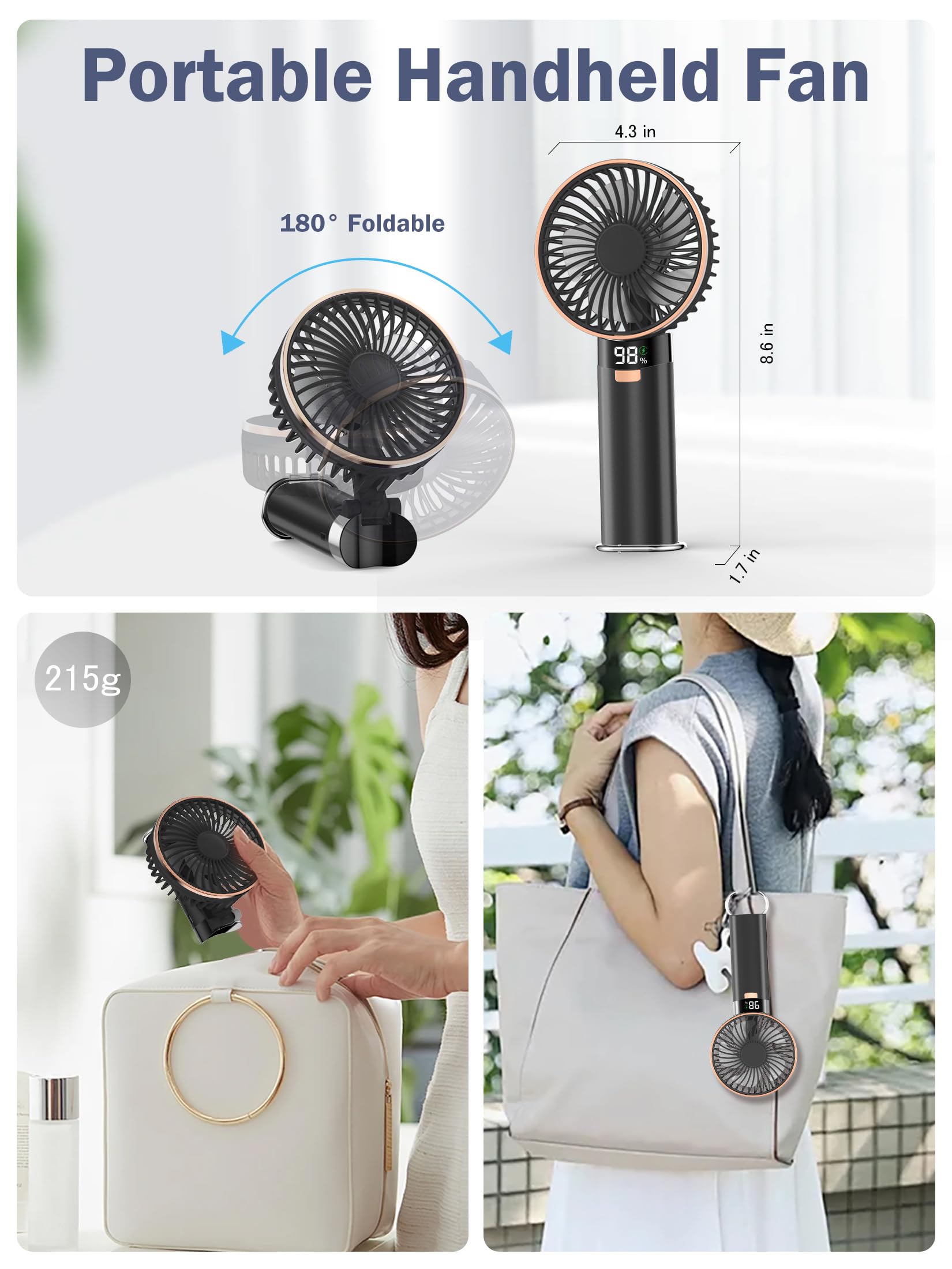 JMOSTRG Handheld Fan - Portable Fan 5200mAh, Metal Handle Mini Hand Held Fan Foldable, USB Rechargeable Personal Fan Power Bank, 6 Speeds Quiet Handheld Fan with LED Display, Cooling Fan for Travel