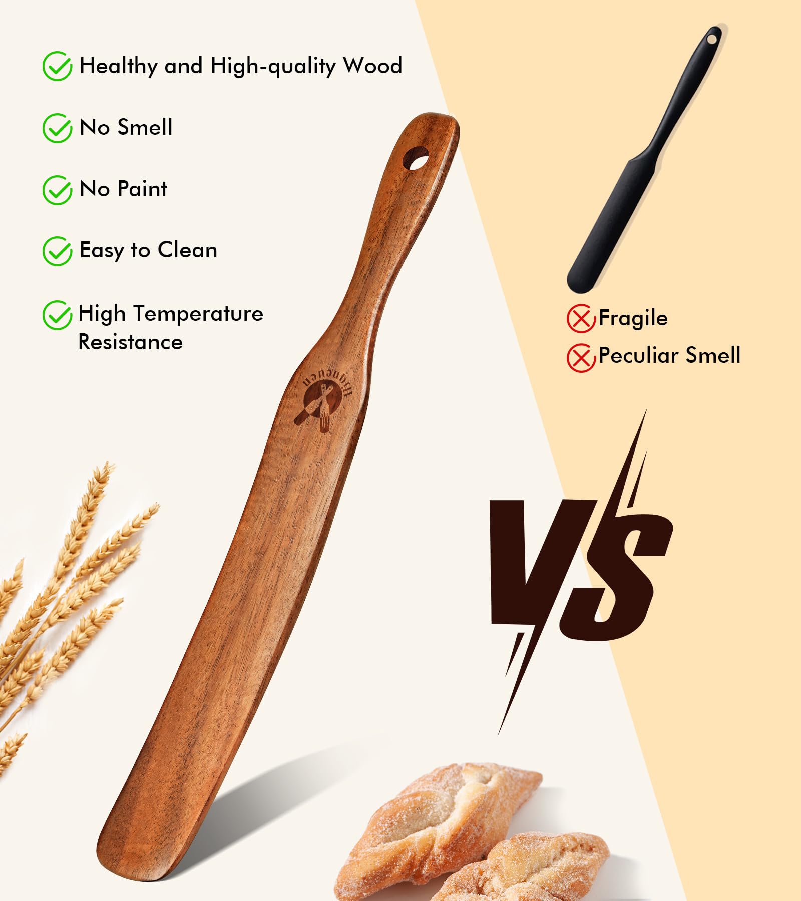 Skinny Spurtle for Sourdough Starter, Mixing, Reaching Bottom of Jar, Dough Whisk, 100% Natural from High Moist Resistance Teak, Spurtles Kitchen Tools Wooden Kitchen Utensils for NonStick Cookware