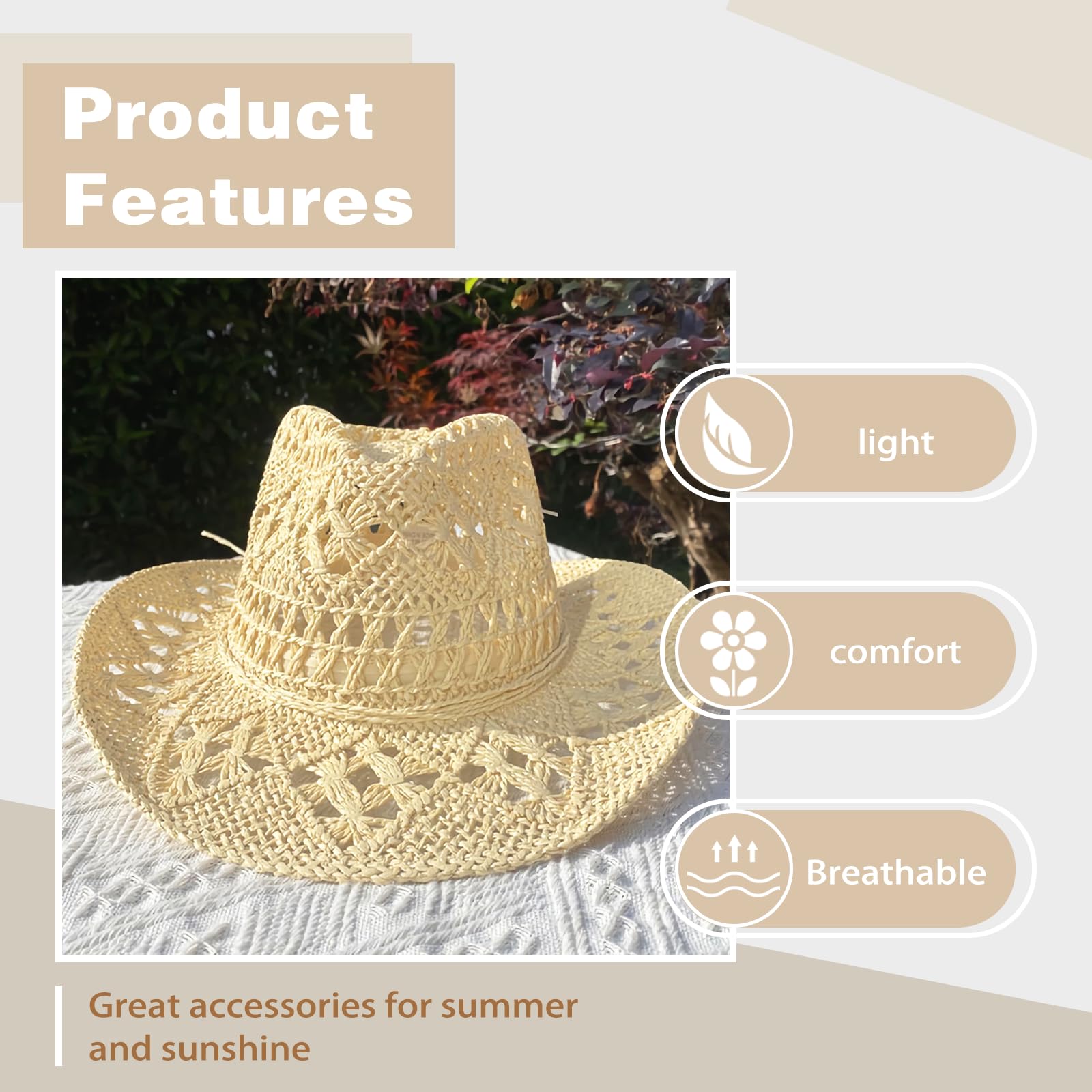 Twinyarh Straw Cowboy Hats for Women Sparkly Western Cowgirl Hat for Holiday Party Foldable Vacation Beach Sun Hat with Wide Brim,Beige