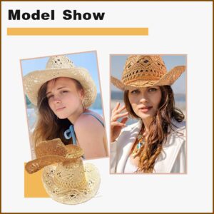 Zuhekti Straw Cowboy Hats for Women Sparkly Western Cowgirl Hat for Holiday Party Foldable Vacation Beach Sun Hat with Wide Brim,Beige