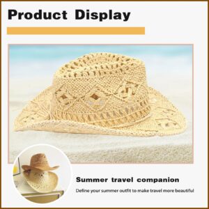 Zuhekti Straw Cowboy Hats for Women Sparkly Western Cowgirl Hat for Holiday Party Foldable Vacation Beach Sun Hat with Wide Brim,Beige