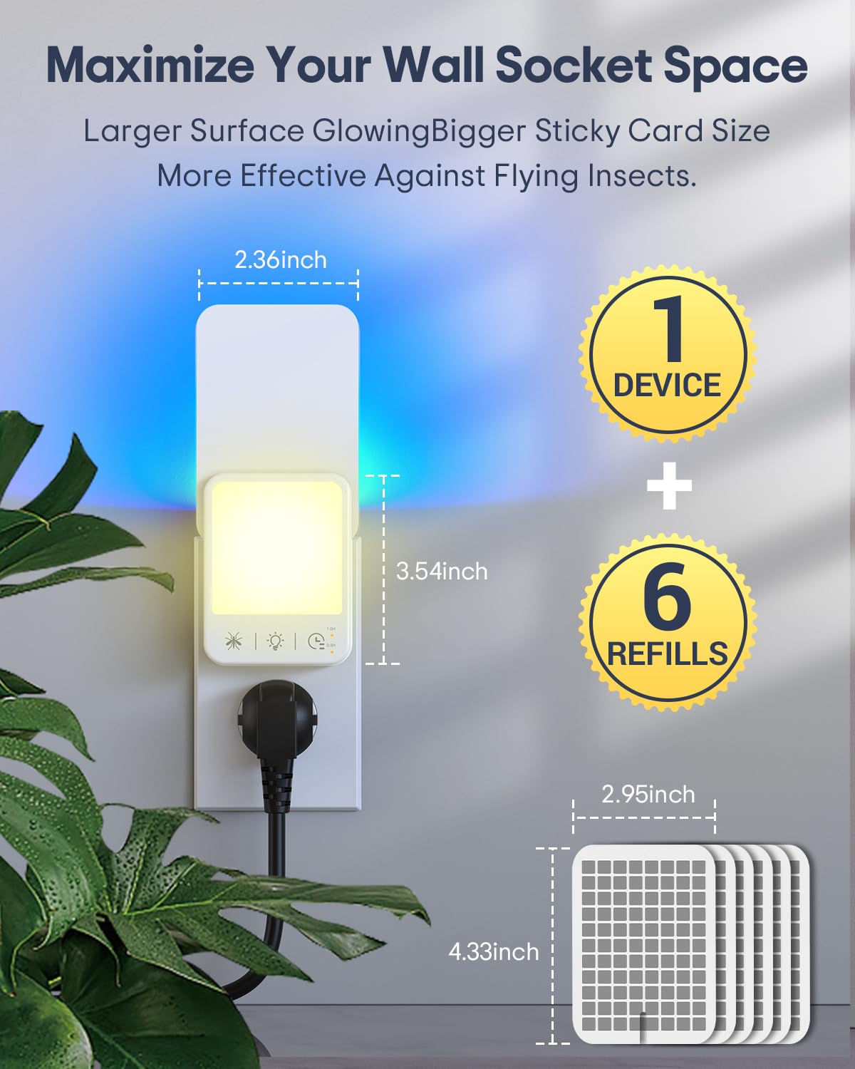 Fruit Fly Traps for Indoors, 2 in 1 Plug in Bug Catcher Indoor Flying Insect Trap with Warm LED Night Light and UV Attractant, Fly Traps Indoor for Home Fruit Fly Killer (1 Device + 6 Glue Cards)