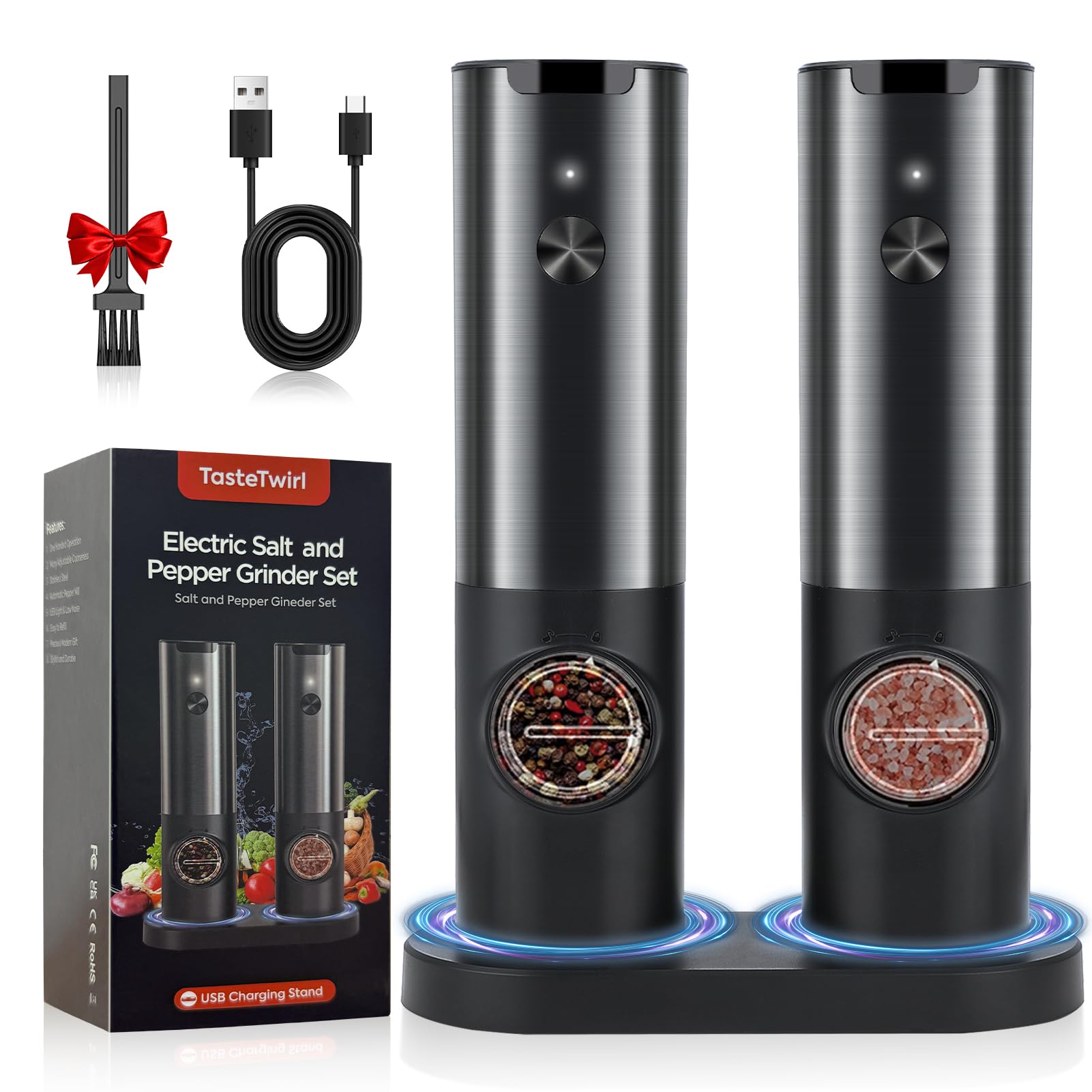 TasteTwirl Upgraded Electric Salt and Pepper Grinder Set Rechargeable, USB Charging Stand, Automatic Spice Mill Shakers Refillable, One Handed Operation, Adjustable Coarseness, LED Light