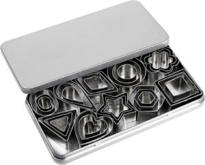 mini cookie cutter set, 30 tiny stainless steel cookie stamps of rectangle square heart star triangle round tiny circle for out pastry dough, pie crust & fruit, fondant