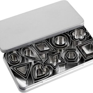 Mini Cookie Cutter Set, 30 Tiny Stainless Steel Cookie Stamps of Rectangle Square Heart Star Triangle Round Tiny Circle for Out Pastry Dough, Pie Crust & Fruit, Fondant