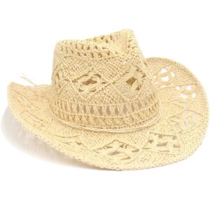 zuhekti straw cowboy hats for women sparkly western cowgirl hat for holiday party foldable vacation beach sun hat with wide brim,beige