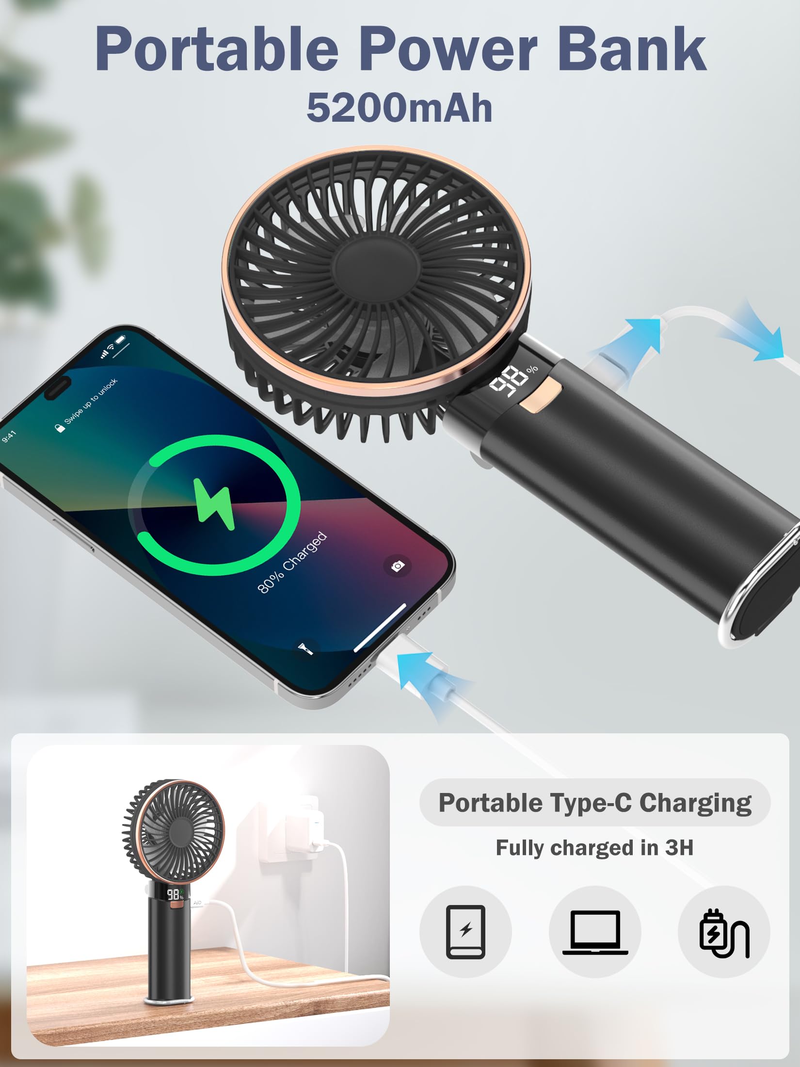 JMOSTRG Handheld Fan - Portable Fan 5200mAh, Metal Handle Mini Hand Held Fan Foldable, USB Rechargeable Personal Fan Power Bank, 6 Speeds Quiet Handheld Fan with LED Display, Cooling Fan for Travel