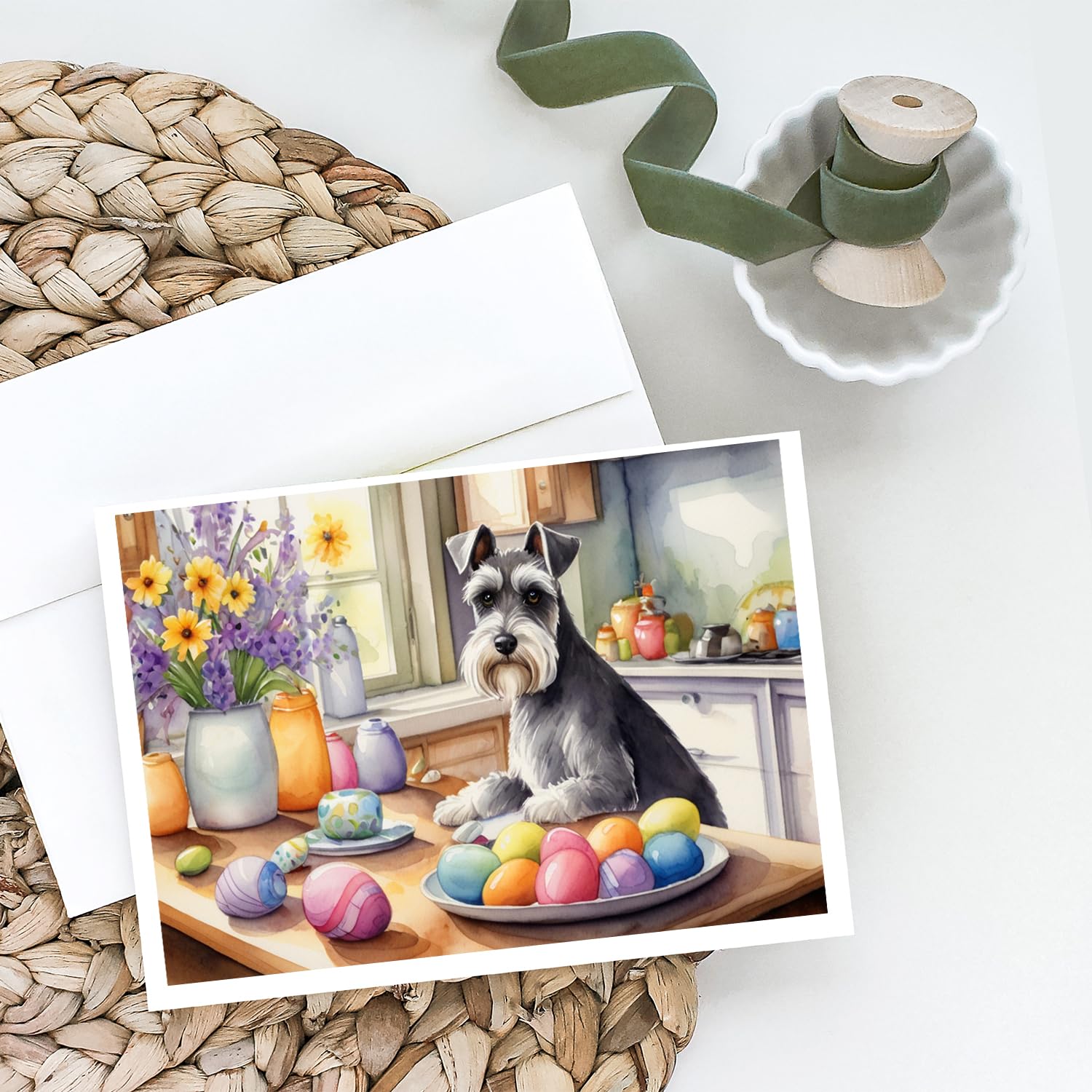 Caroline's Treasures DAC6892GCA7P Decorating Easter Schnauzer Greeting Cards Pack of 8 Blank Cards with Envelopes Whimsical A7 Size 5x7 Blank Note Cards