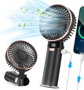 jmostrg handheld fan - portable fan 5200mah, metal handle mini hand held fan foldable, usb rechargeable personal fan power bank, 6 speeds quiet handheld fan with led display, cooling fan for travel