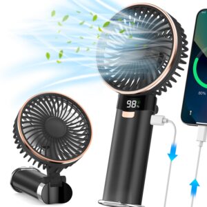 JMOSTRG Handheld Fan - Portable Fan 5200mAh, Metal Handle Mini Hand Held Fan Foldable, USB Rechargeable Personal Fan Power Bank, 6 Speeds Quiet Handheld Fan with LED Display, Cooling Fan for Travel