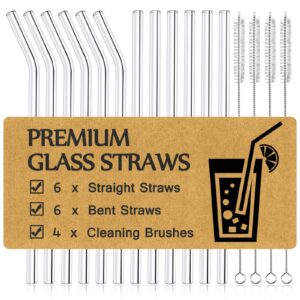 mohary® 16-pack reusable glass straws, clear glass drinking straws, 8.5''x10mm, set of 6 straight and 6 bent with 4 cleaning brushes, perfect for smoothies, juice, milkshakes, tea