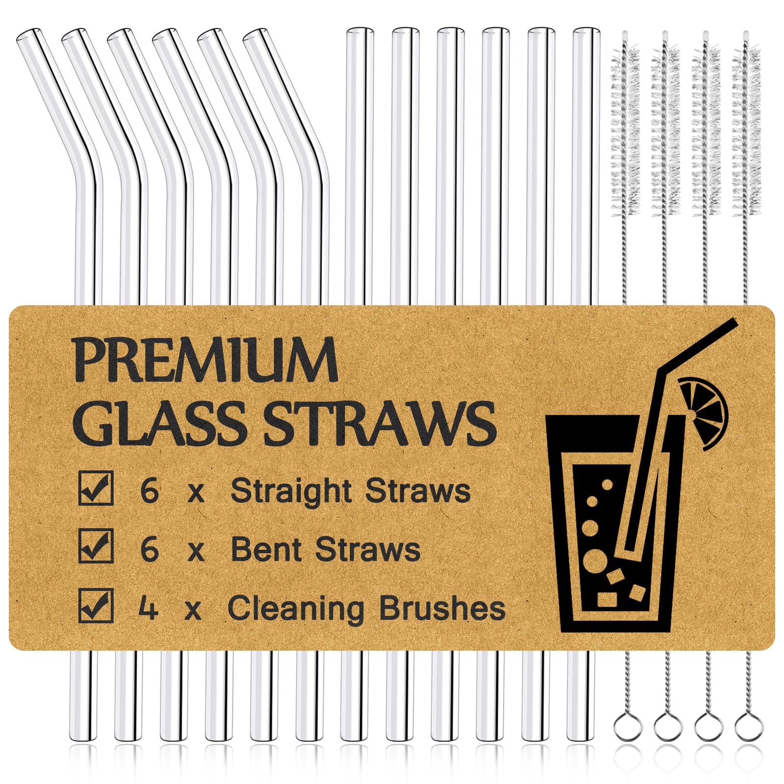 Mohary® 16-Pack Reusable Glass Straws, Clear Glass Drinking Straws, 8.5''x10MM, Set of 6 Straight and 6 Bent with 4 Cleaning Brushes, Perfect for Smoothies, Juice, Milkshakes, Tea