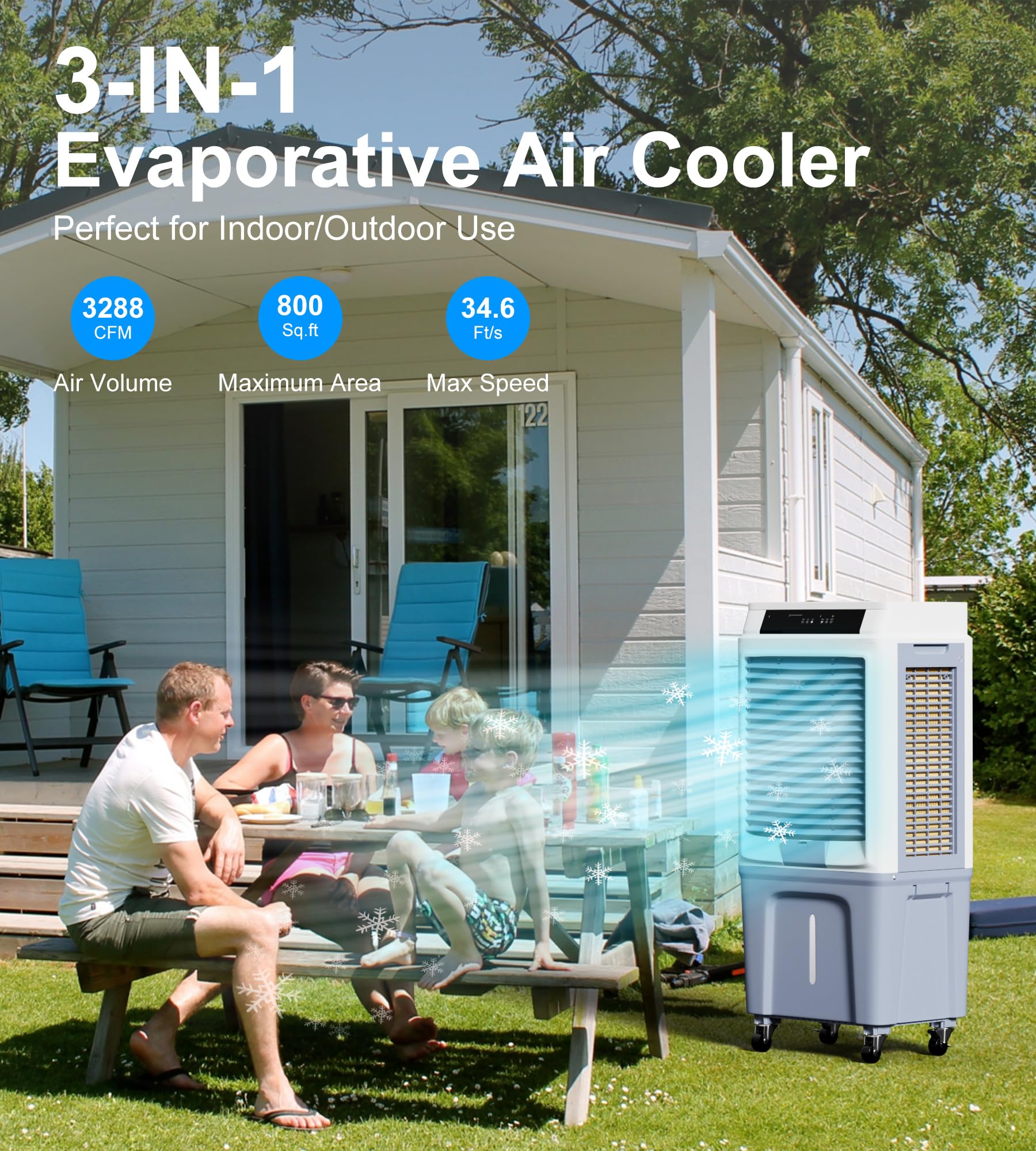 MEPTY Evaporative Air Cooler, 3288CFM Swamp Cooler, Portable Air Cooler Fan with Remote Control, 3 Speeds, 120°Oscillation, 12H Timer for Indoor & Outdoor Patio Garage Use,10.6 Gallon,42inch