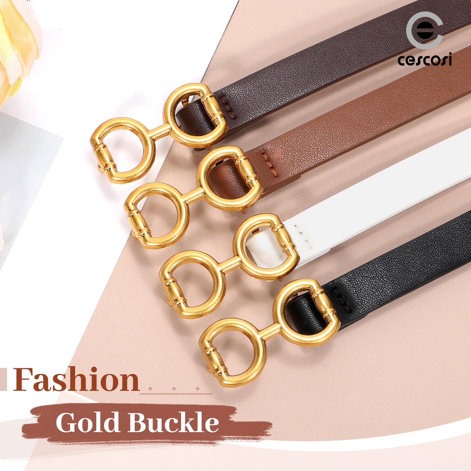 CESCOSI 4 Pack Skinny Women Leather Belt for Dresses Thin Waist Belt for Jeans Pants with Gold Buckle