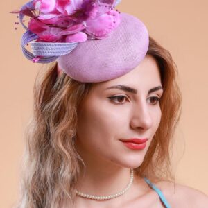 Cizoe Fascinators Hat for Women Kentucky Derby Headpiece Tea Party Hats Feather Wedding Headware Bridal Headpiece(lavender)