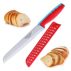 mongsew bread knife with sheath, 8 inch serrated bread knife for homemade bread, bread cutter with ergonomic dual-color handle, great for slicing homemade bread, bagels, cake (8 inch)