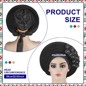 Cuffbow 2 Pcs Gele African Head Wraps Nigerian Auto Gele Headties with Stones Turbans Hats for Black Women Wedding Party (Black, White)