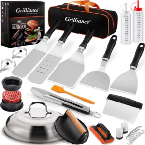 grilliance 27pcs blackstone griddle accessories kit,flat top grill tools gifts for camp chef,hibachi enlarged spatula set with basting cover,burger press patty maker for outdoor teppanyaki bbq