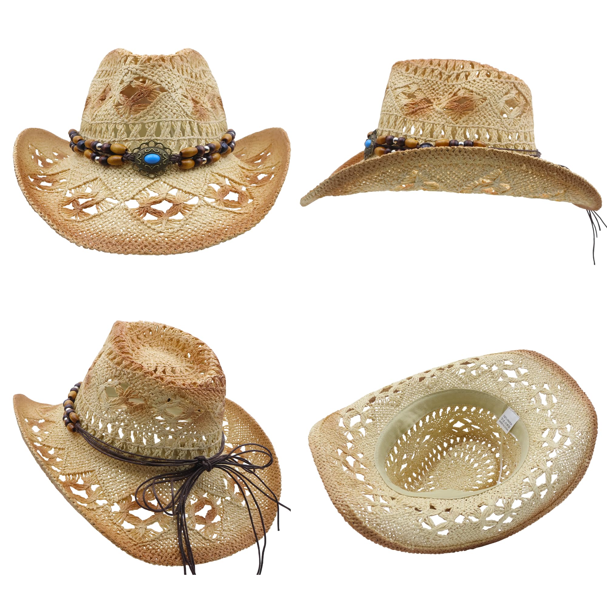 SAJUZEN Straw Cowboy Hat Men's Women's Classic Vintage Western Straw Cowgirl Hat Sun hat