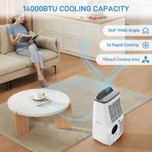 14000Btu Portable Air Conditioners with Remote Control, 4-in-1 Portable AC Unit with Fan & Dehumidifier, Cools Room up to 750 sq.ft, Sleep Mode, 3 Speed, 1-24H Timers