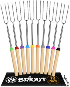 briout extendable stainless steel roasting sticks - smores sticks for fire pit long 32 inch, smore skewers hot dog fork campfire accessories, camping essentials for s'mores - 10 pack