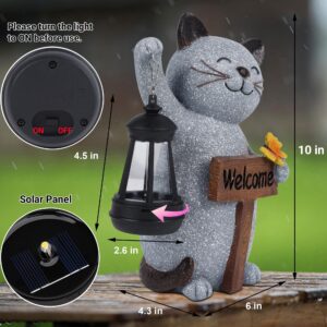 Juegoal Garden Statue Solar Cat Figurine with LED Lantern, 10" Tall Resin Kitten Hold Welcome Sign Yard Art, Outdoor for Whimsical Lawn Porch, Lighted Housewarming Birthday Gifts for Mom Grandma