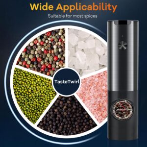 TasteTwirl Upgraded Electric Salt and Pepper Grinder Set Rechargeable, USB Charging Stand, Automatic Spice Mill Shakers Refillable, One Handed Operation, Adjustable Coarseness, LED Light