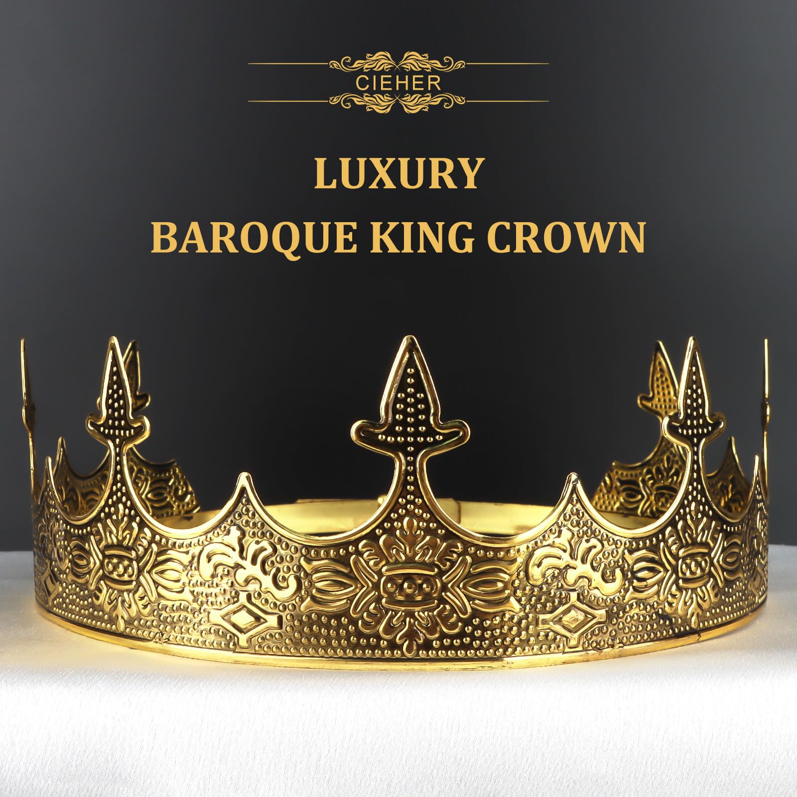 King Crown, CIEHER King Crowns for Men Baroque Royal Crown (Adjustable Size) Prom Crown Prince Tiara Evil Crown for Birthday King Halloween Cosplay Party Decorations, Alexander - Ancient Gold