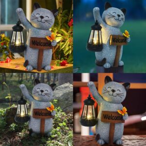 Juegoal Garden Statue Solar Cat Figurine with LED Lantern, 10" Tall Resin Kitten Hold Welcome Sign Yard Art, Outdoor for Whimsical Lawn Porch, Lighted Housewarming Birthday Gifts for Mom Grandma