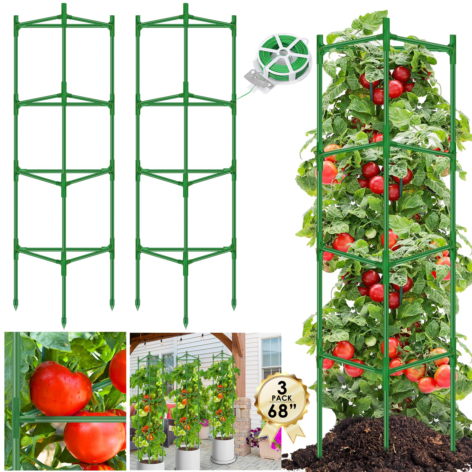 WYRJXYB Tomato Cages for Garden - Heavy Duty Steel Tomatoes Cage 3 Packs Tall Up to 68in & 164Ft Twist Tie -Tomato Plant Stakes Support Cages Trellis for Garden Pots Vegetable Climbing Plants Outdoor