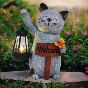 juegoal garden statue solar cat figurine with led lantern, 10" tall resin kitten hold welcome sign yard art, outdoor for whimsical lawn porch, lighted housewarming birthday gifts for mom grandma