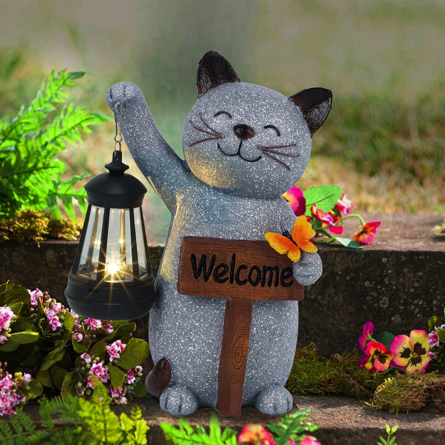 Juegoal Garden Statue Solar Cat Figurine with LED Lantern, 10" Tall Resin Kitten Hold Welcome Sign Yard Art, Outdoor for Whimsical Lawn Porch, Lighted Housewarming Birthday Gifts for Mom Grandma