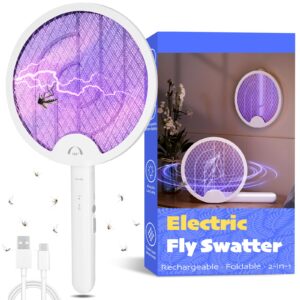 foldable electric fly swatter racket, portable 2 in 1 bug zapper racket, fly killer and mosquito trap lamp, usb rechargeable with 1200mah battery for indoor and outdoor home backyard patio camping