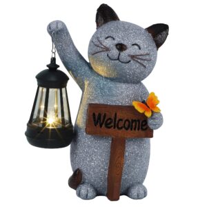 Juegoal Garden Statue Solar Cat Figurine with LED Lantern, 10" Tall Resin Kitten Hold Welcome Sign Yard Art, Outdoor for Whimsical Lawn Porch, Lighted Housewarming Birthday Gifts for Mom Grandma