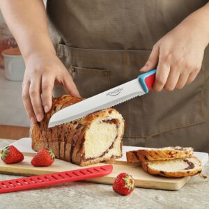 MONGSEW Bread Knife with Sheath, 8 inch Serrated Bread Knife for Homemade Bread, Bread Cutter with Ergonomic Dual-Color Handle, Great for Slicing Homemade Bread, Bagels, Cake (8 inch)