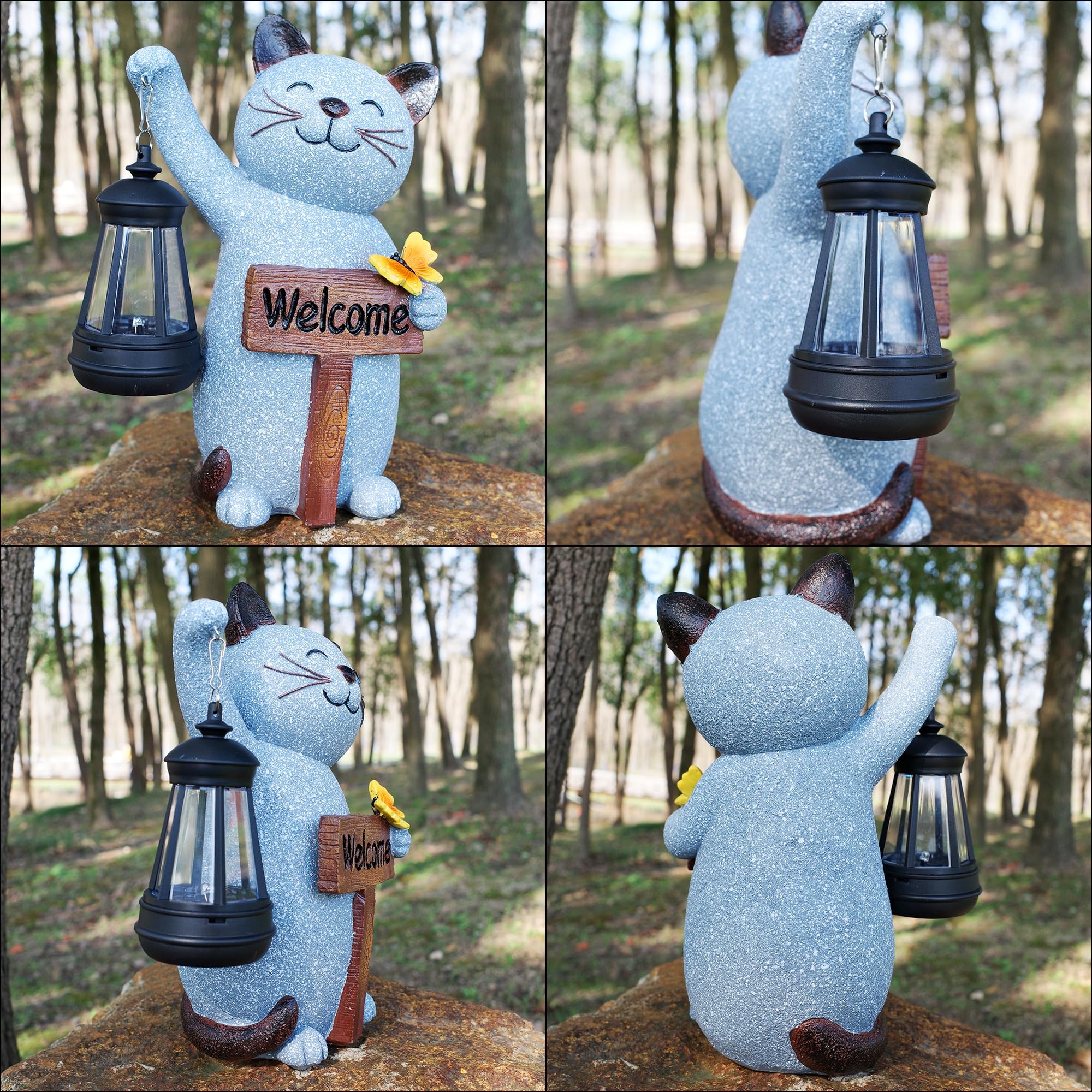 Juegoal Garden Statue Solar Cat Figurine with LED Lantern, 10" Tall Resin Kitten Hold Welcome Sign Yard Art, Outdoor for Whimsical Lawn Porch, Lighted Housewarming Birthday Gifts for Mom Grandma