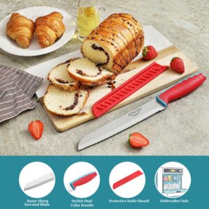 MONGSEW Bread Knife with Sheath, 8 inch Serrated Bread Knife for Homemade Bread, Bread Cutter with Ergonomic Dual-Color Handle, Great for Slicing Homemade Bread, Bagels, Cake (8 inch)