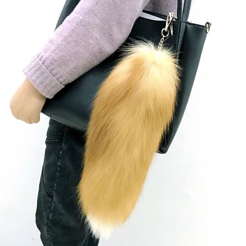 Alpertie Fluffy Real Fox Fur Tail Keychain Tassel Bag Cosplay Tails Charm Handbag Accessory Hook Pendant(Gold)