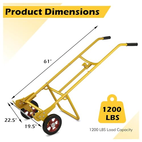 Saranya 18 Shop New Yellow Drum Hand Truck 1200 Lbs Capacity Heavy-Duty Steel Dolly Drum Cart 2 Rubber Wheels Gallon Dayton Industrial Fuel Barrel Factory Garage Transport 22.5" L x 19.5" W x 61" H