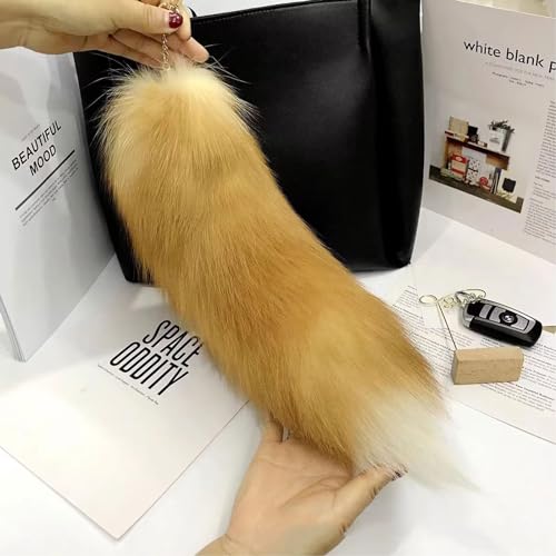 Alpertie Fluffy Real Fox Fur Tail Keychain Tassel Bag Cosplay Tails Charm Handbag Accessory Hook Pendant(Gold)