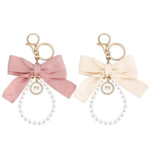 smuobt 2pcs cute bow keychain wristlet for women,pearl key chains for car keys pink white bow keychain accessories bag chrams