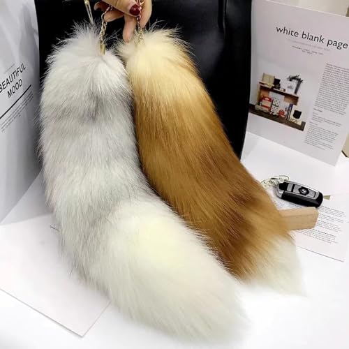 Alpertie Fluffy Real Fox Fur Tail Keychain Tassel Bag Cosplay Tails Charm Handbag Accessory Hook Pendant(Gold)