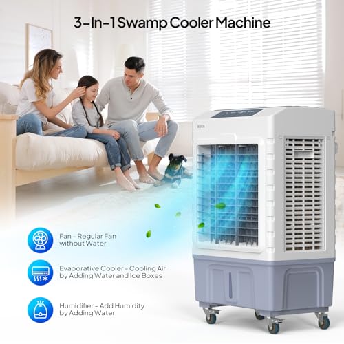 ROVSUN 10.5Gallon Evaporative Air Cooler, 2600CFM Portable Swamp Cooler with Remote Control, Oscillation, 3 Speeds, 7.5H Timer & 40L Water Tank, 3-IN-1 Cooling Fan for Home Office Garage Outdoor