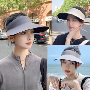 Women Wide Brimmed Non-Trace Ponytail Sunscreen Visor, Foldable Beach Sun Hat with UV Protection for Women Young Girls Light Gray