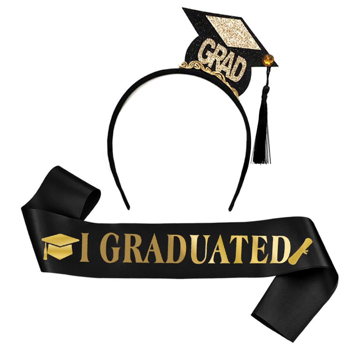 BASEMMAHER Graduation Headband and Shoulder Straps for Congrats Grad Party Supplies Bachelor Cap Headband with Doctoral Hat Black Sash Satin Tassels Tiaras for Graduation Party Dress up Favor Photo