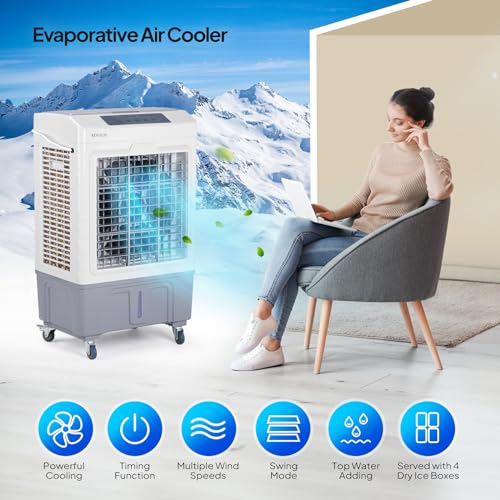 ROVSUN 10.5Gallon Evaporative Air Cooler, 2600CFM Portable Swamp Cooler with Remote Control, Oscillation, 3 Speeds, 7.5H Timer & 40L Water Tank, 3-IN-1 Cooling Fan for Home Office Garage Outdoor